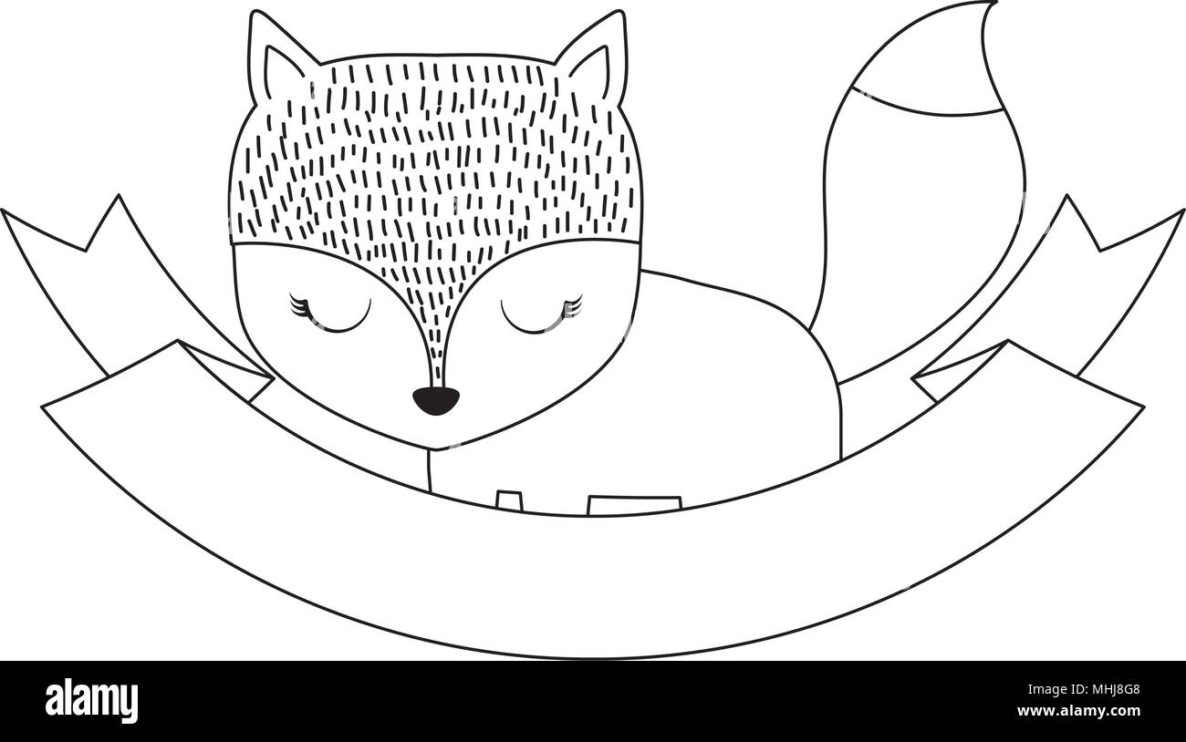 decorative emblem with cute fox and ribbon over white background ...