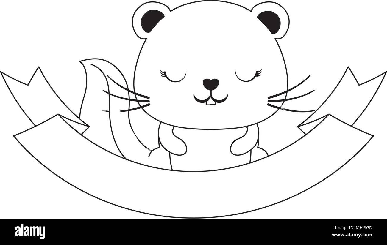 decorative emblem with cute squirrel and ribbon over white background ...