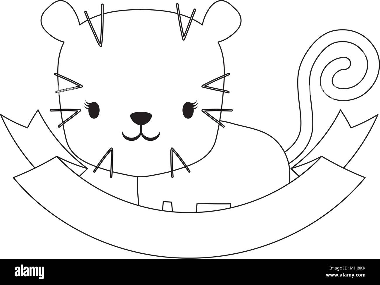 decorative emblem with cute tiger and ribbon over white background ...