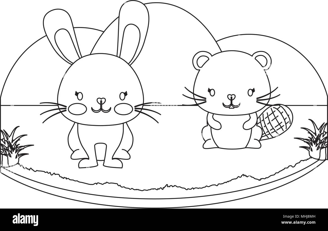 landscape with cute rabbit and beaver over white background, vector ...