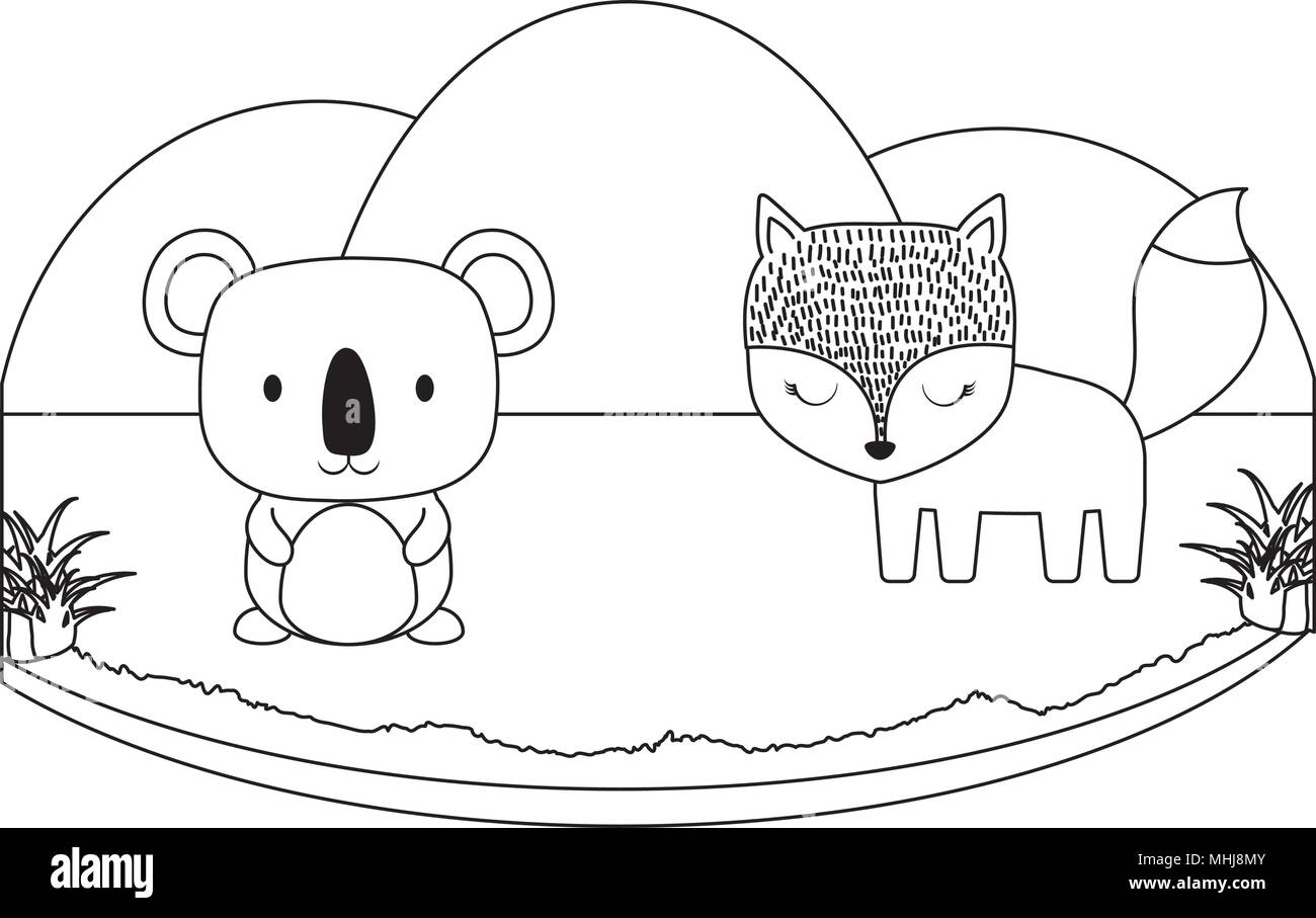 landscape with cute koala and fox over white background, vector ...