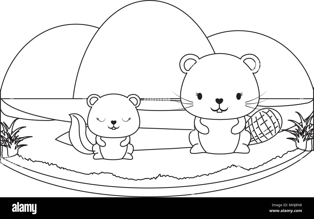 landscape with cute beaver and squirrel over white background, vector ...