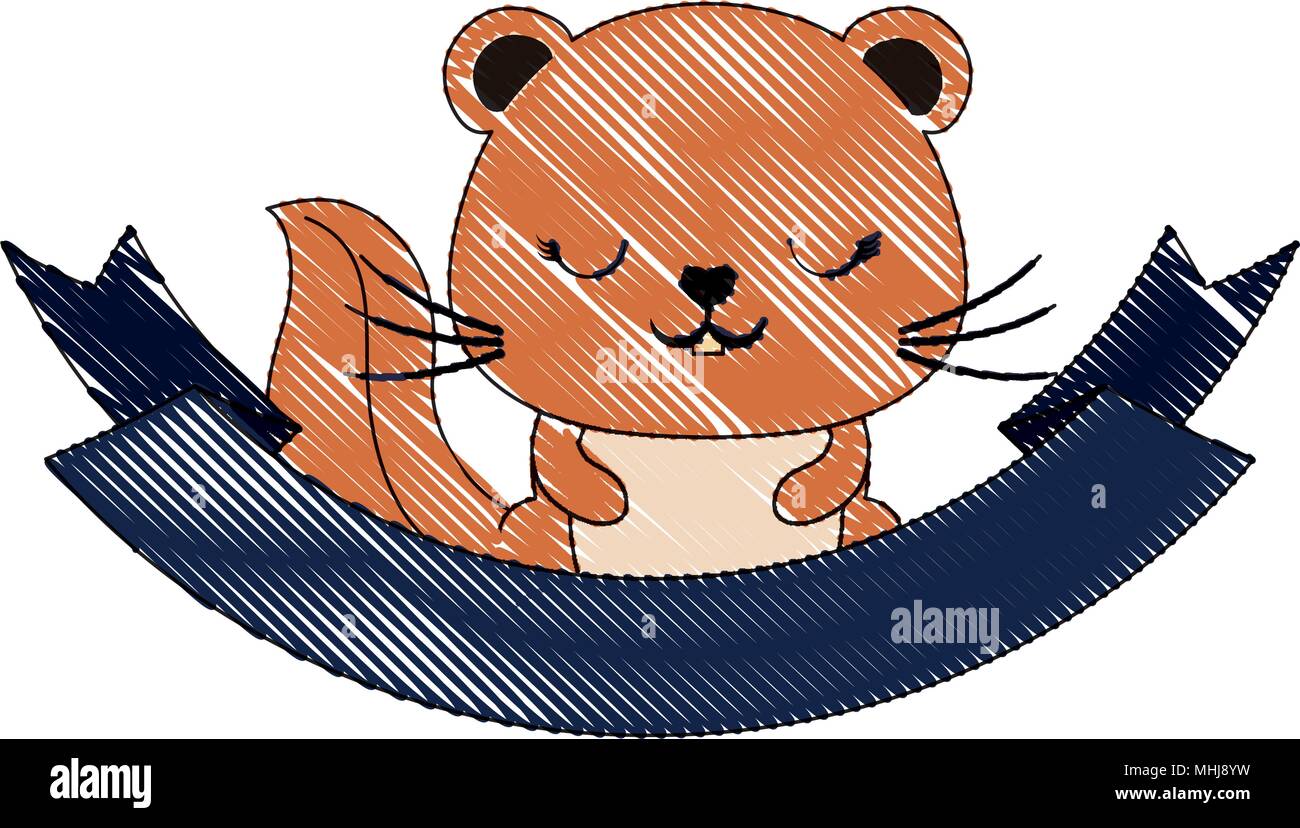 decorative emblem with cute squirrel and ribbon over white background ...