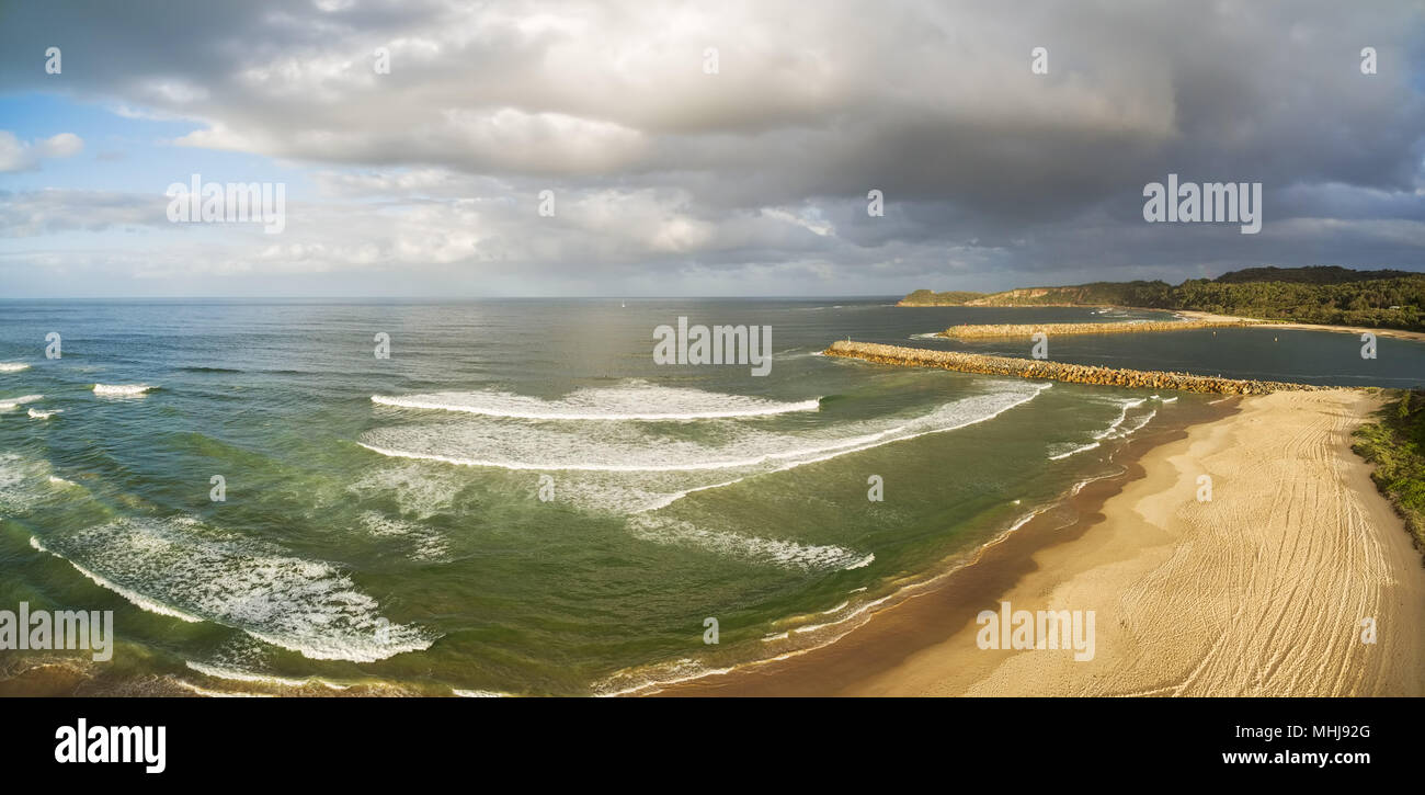 Aerial panorama of stormy sky over ocean coastline at sunset Stock ...