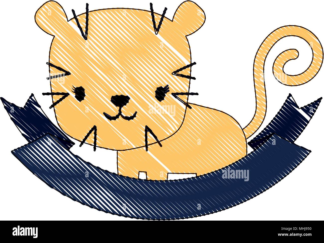 decorative emblem with cute tiger and ribbon over white background ...