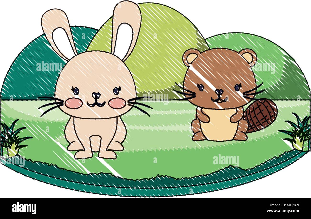 landscape with cute rabbit and beaver over white background, colorful ...
