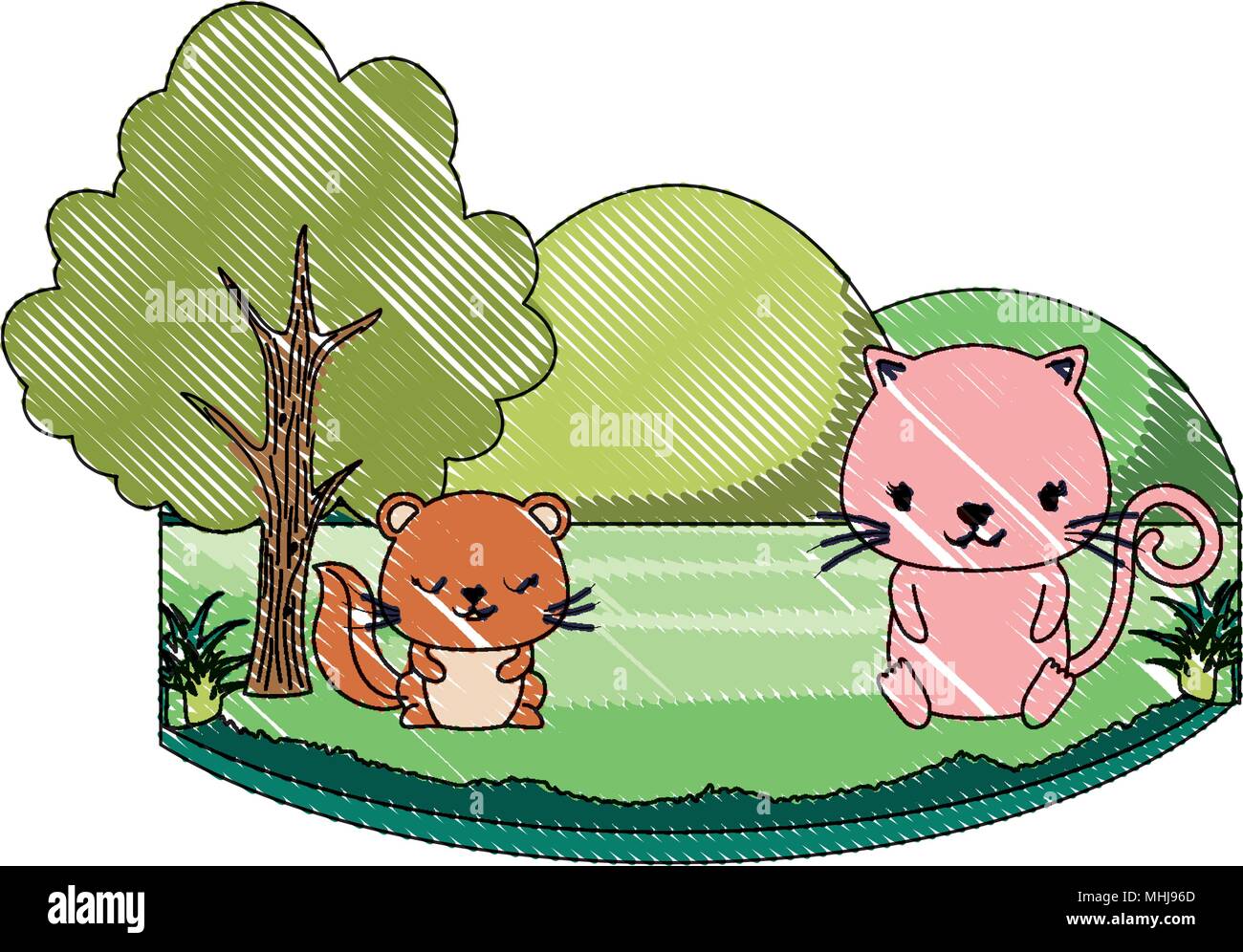 landscape with cute cat and squirrel over white background, colorful ...