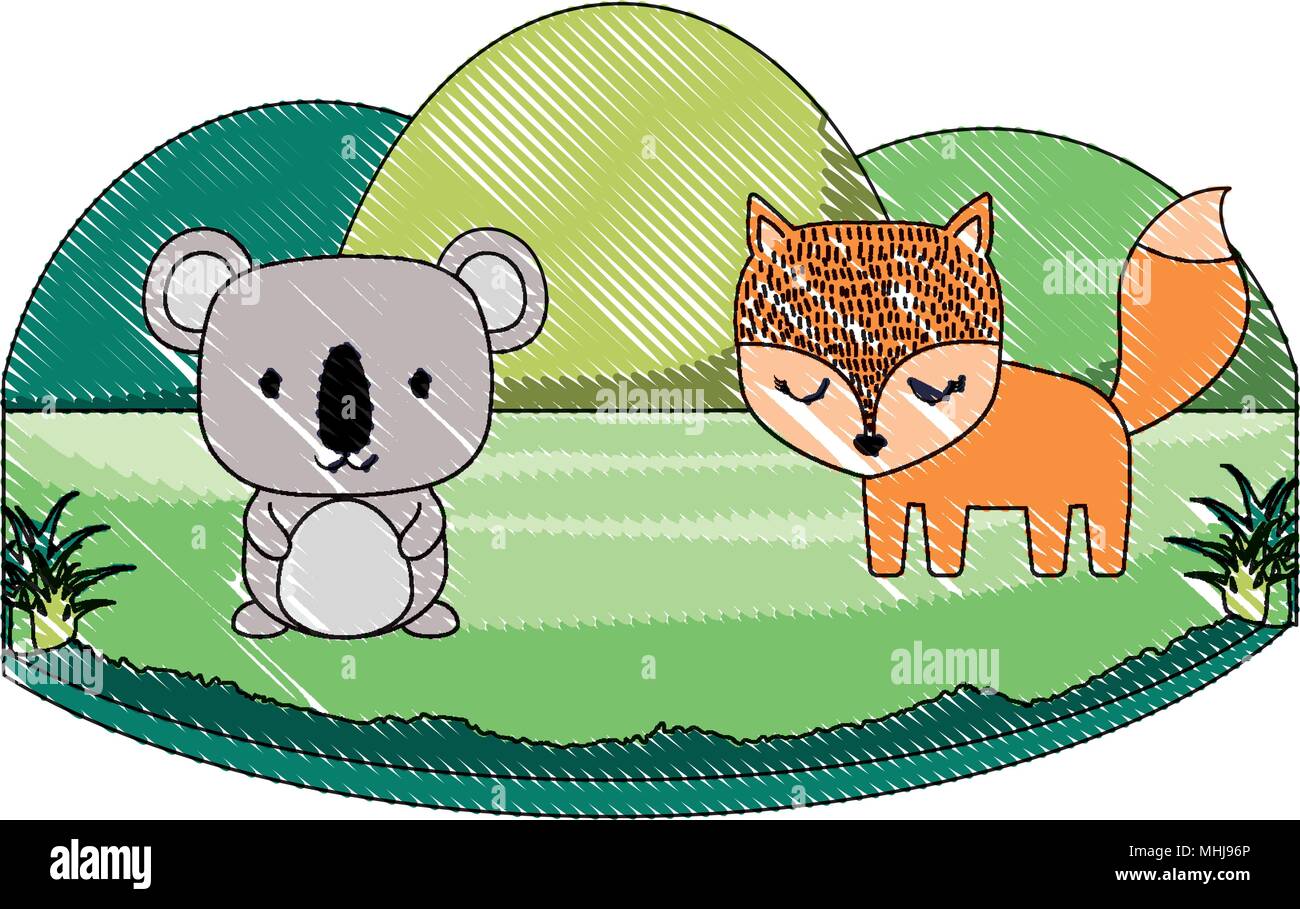 landscape with cute koala and fox over white background, colorful ...