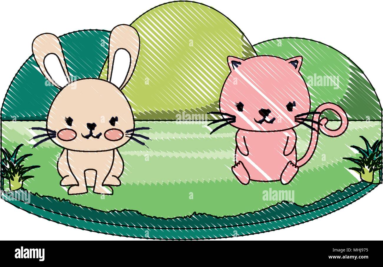 landscape with cute rabbit and cat over white background, colorful ...