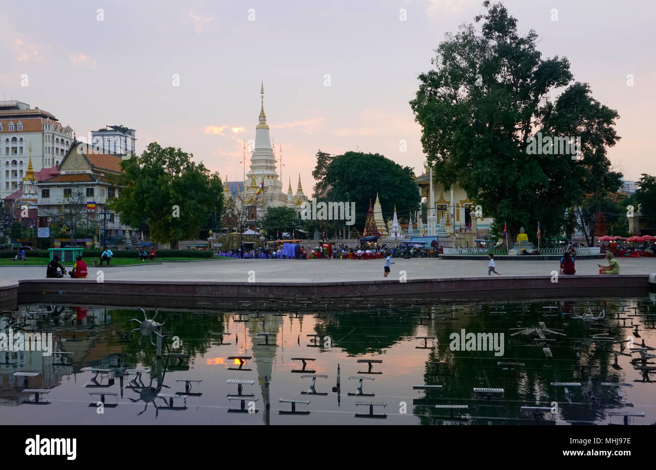 Wat Botum (Wat Botumvatey) seen from Botum Park fountain, Phnom Penh ...