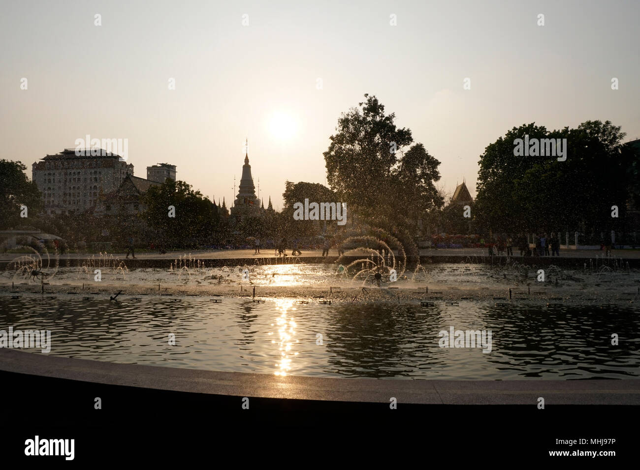 Wat Botum (Wat Botumvatey) seen from Botum Park fountain, Phnom Penh ...