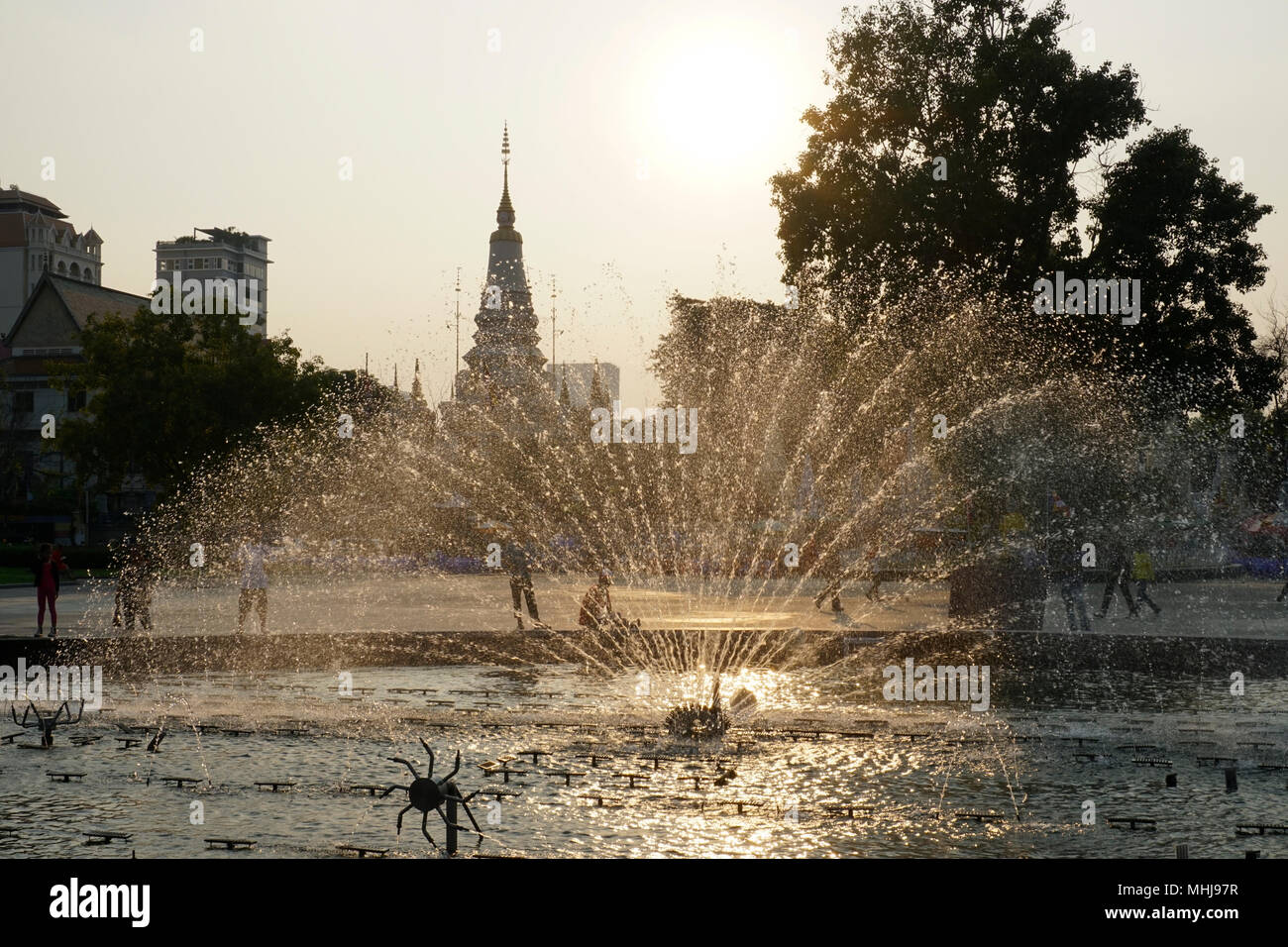 Wat Botum (Wat Botumvatey) seen from Botum Park fountain, Phnom Penh ...