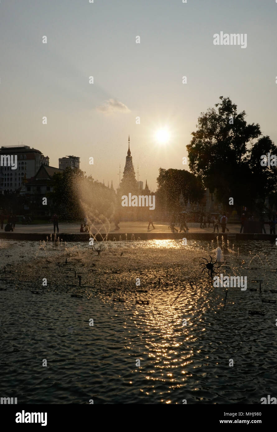 Wat Botum (Wat Botumvatey) seen from Botum Park fountain, Phnom Penh ...