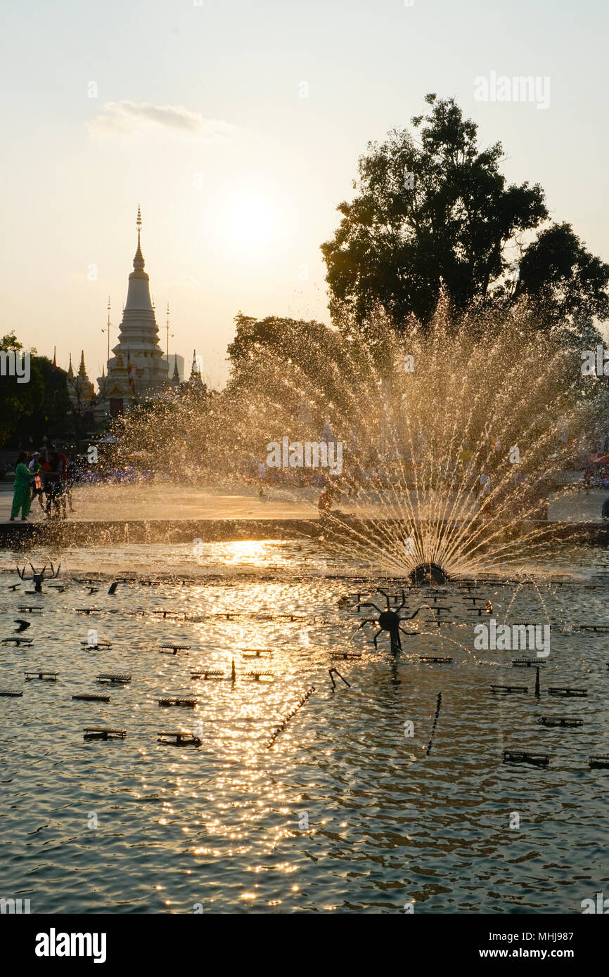 Wat Botum (Wat Botumvatey) seen from Botum Park fountain, Phnom Penh ...