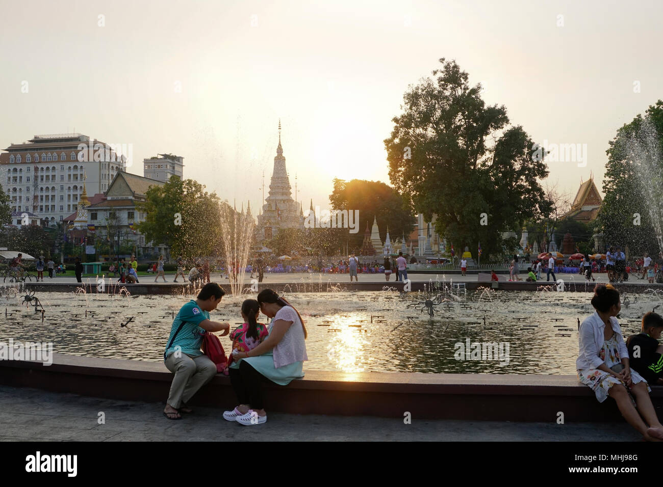 Wat Botum (Wat Botumvatey) seen from Botum Park fountain, Phnom Penh ...