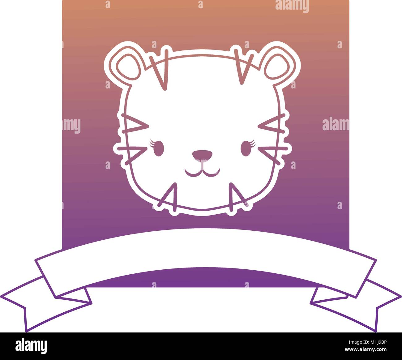 decorative emblem with cute tiger and ribbon over white background ...