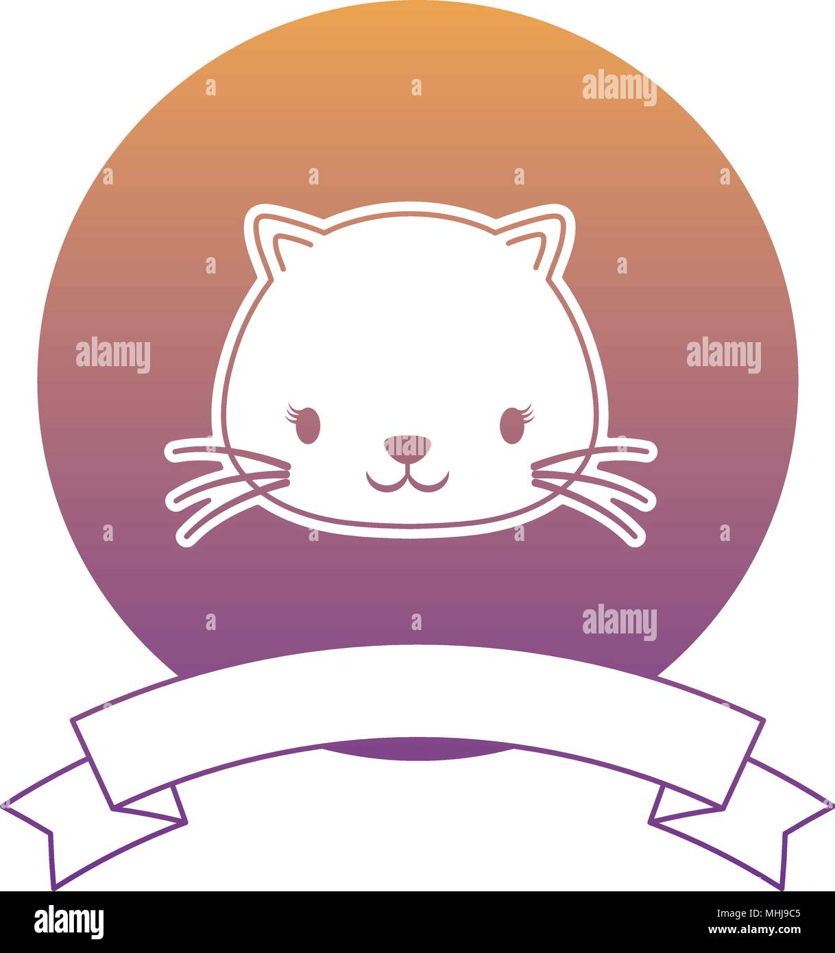 decorative emblem with cute kitty and ribbon over white background ...