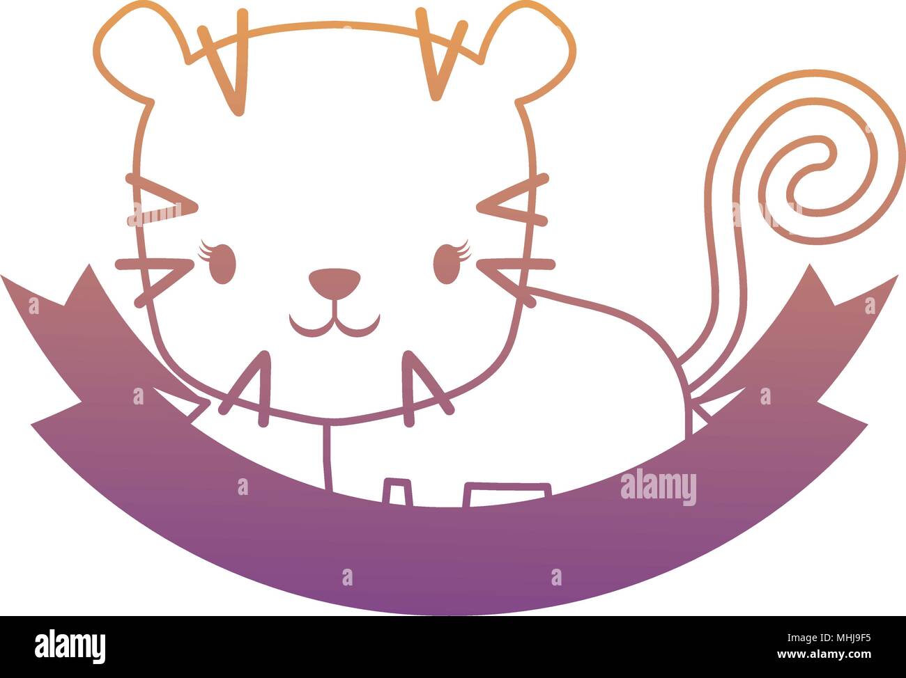 decorative emblem with cute tiger and ribbon over white background ...