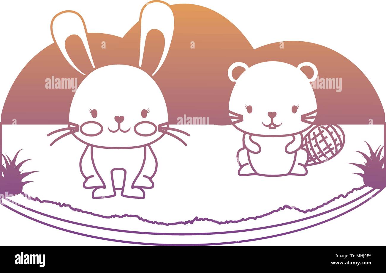 landscape with cute rabbit and beaver over white background, colorful ...