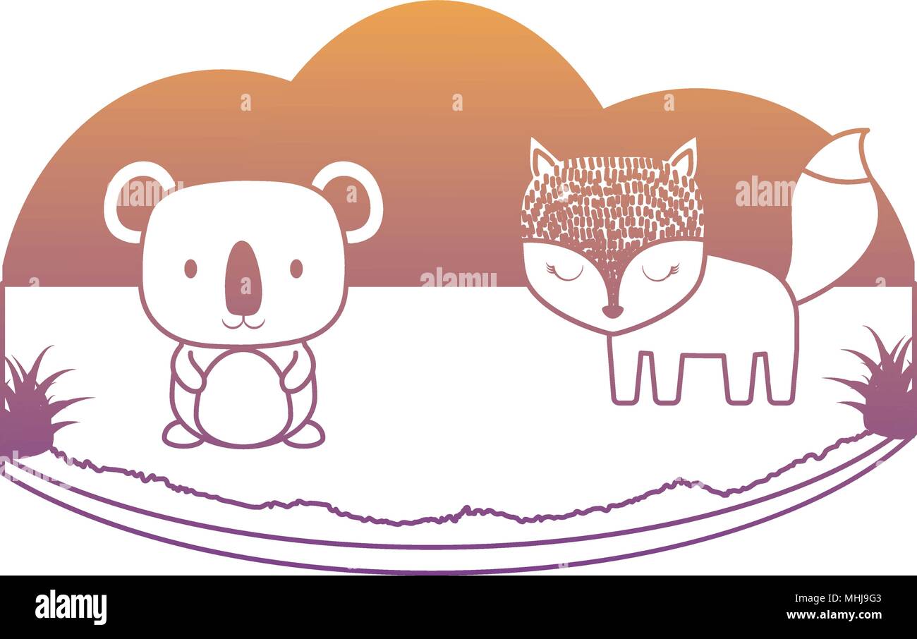 landscape with cute koala and fox over white background, colorful ...