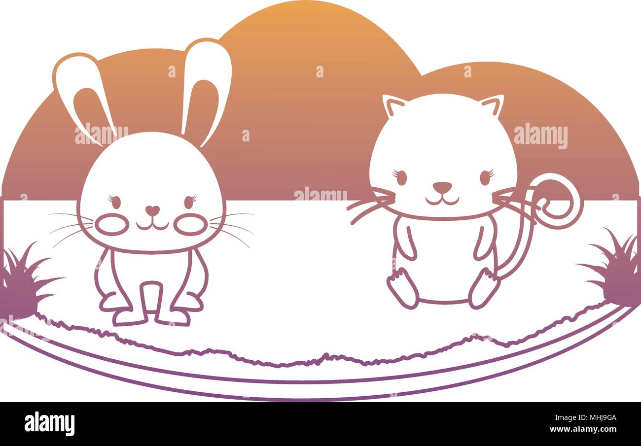 landscape with cute rabbit and cat over white background, colorful ...