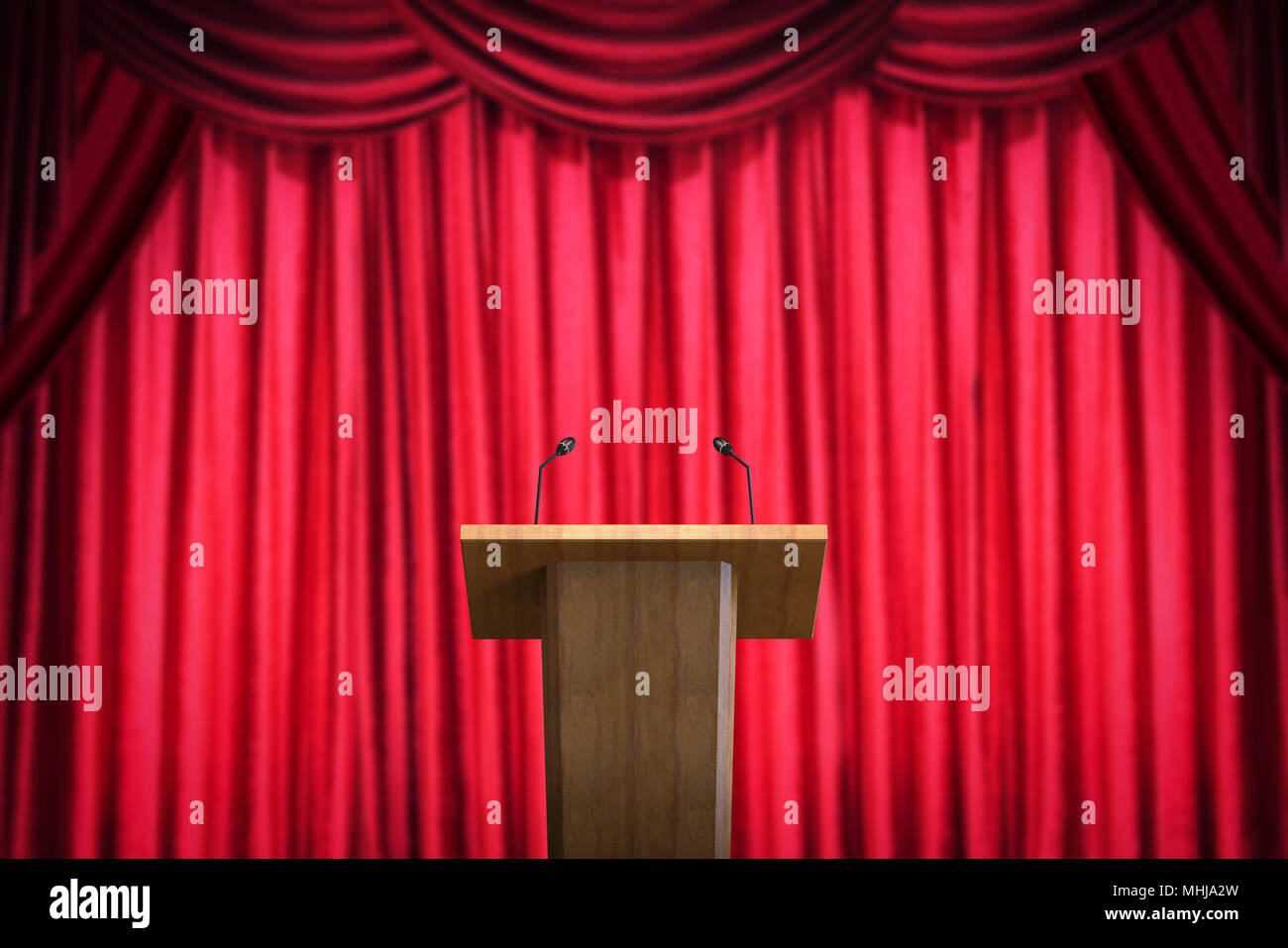 3d rendering wooden podium with microphone on red curtain background ...