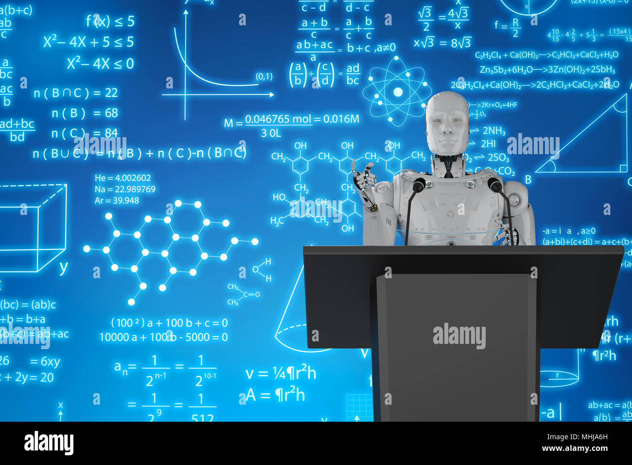 3d rendering robotic lecturer teaching on podium with display monitor ...