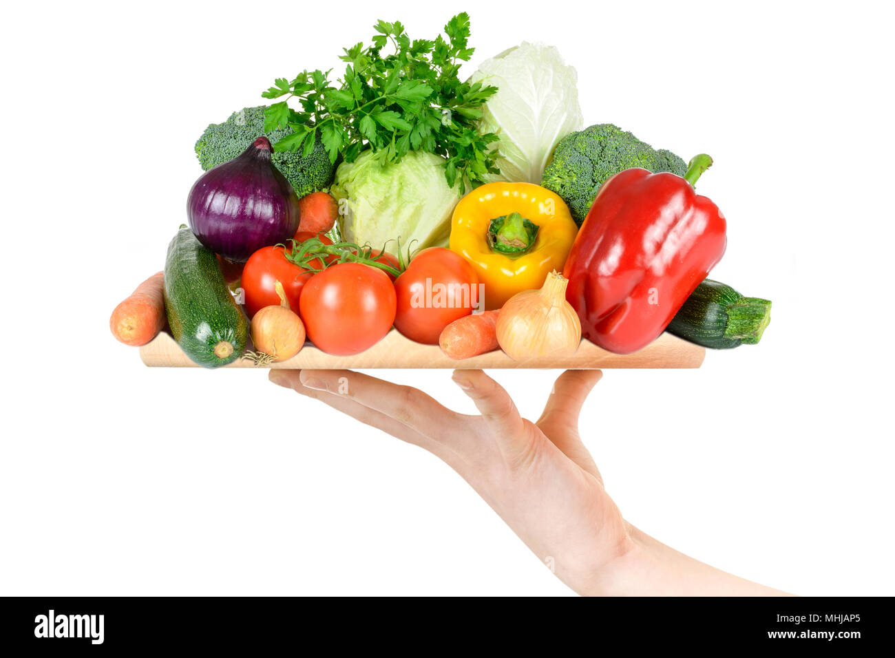 Concept of healthy food serving service - female hand holding a wooden ...