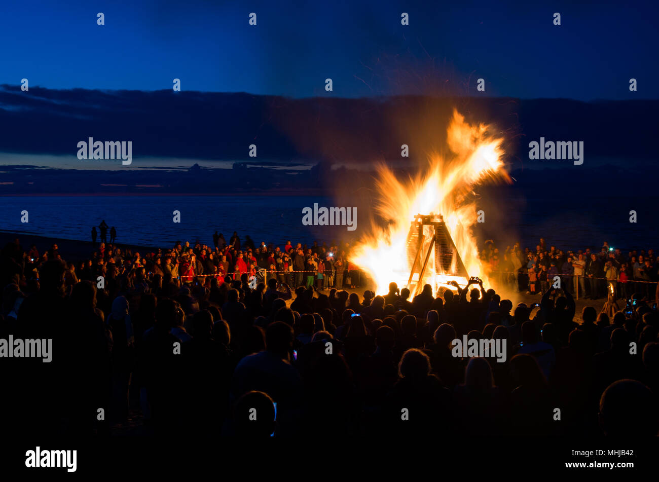 The night of the ancient lights celebration in Roja, Latvia, with ...