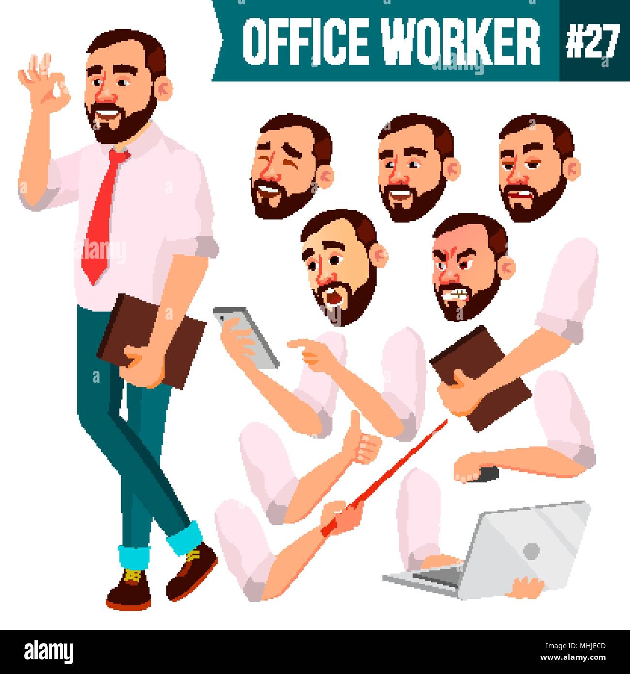 Office Worker Vector. Face Emotions, Various Gestures. Business Human ...