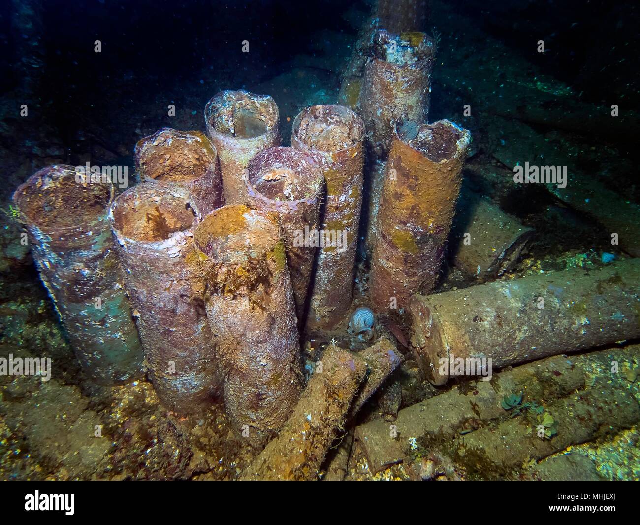 Ammunition shells in the hold of an Imperial Japanese Navy cargo ship ...