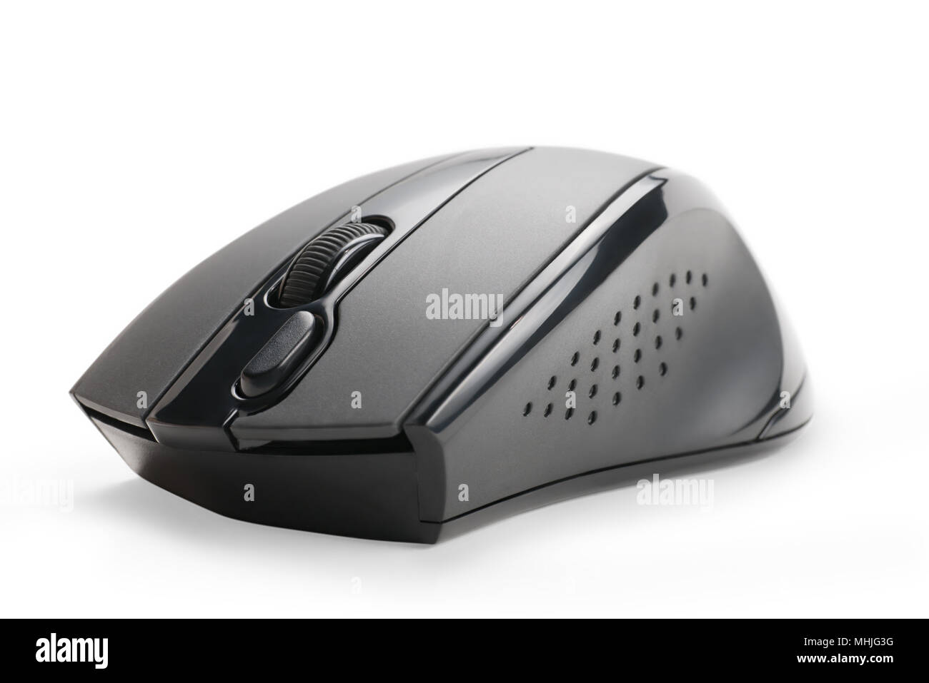 Black computer mouse side view. Selective focus. Isolated on white ...
