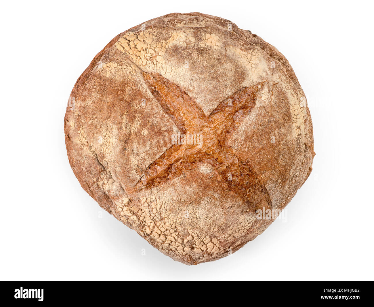 Round loaf of brown handmade bread top view. Isolated on white Stock ...