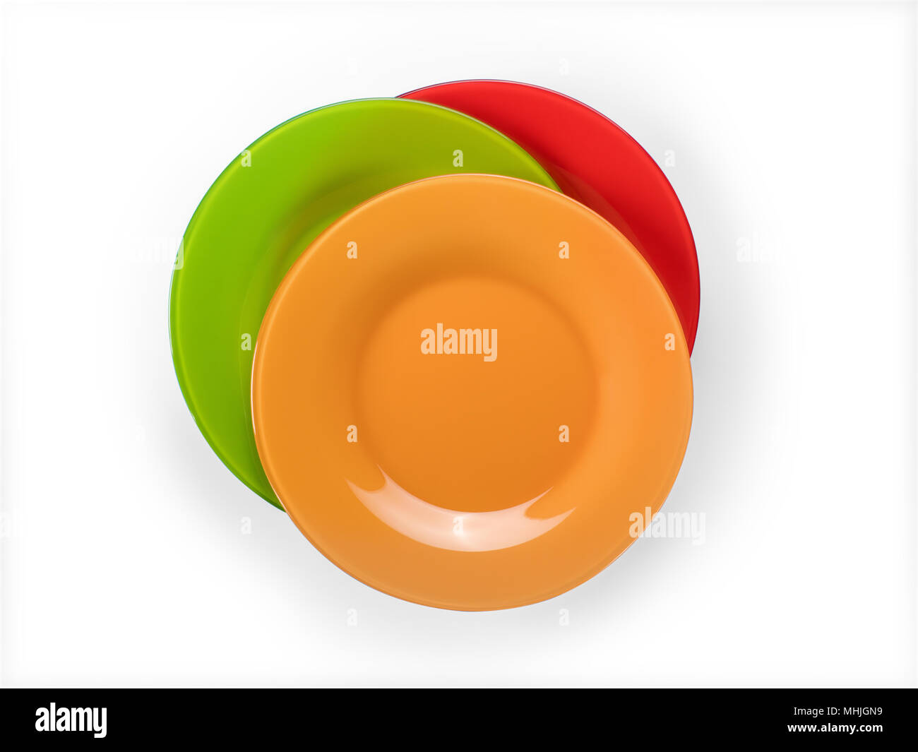 Three colored plates stack top view. Isolated on white, clipping path ...