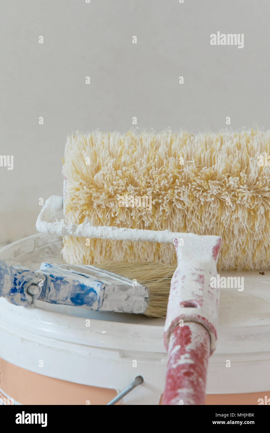 Indoor view of construction site, fresh painting/renovation walls with ...