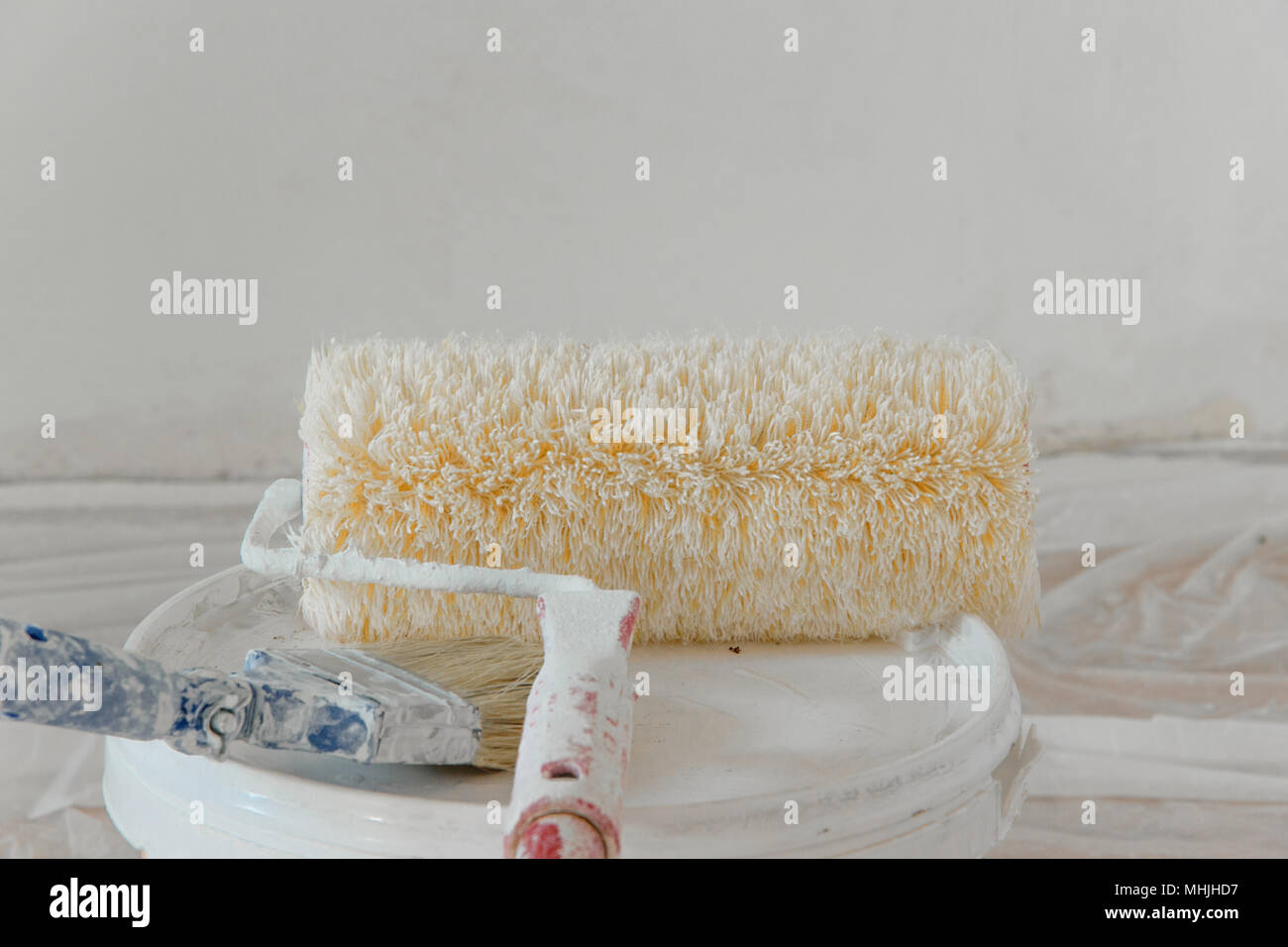 Indoor view of construction site, fresh painting/renovation walls with ...