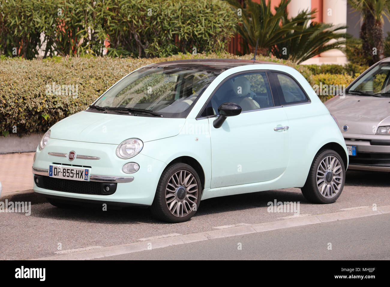 Menton, France - April 5, 2018: Green Fiat 500 Parked In The Street of ...