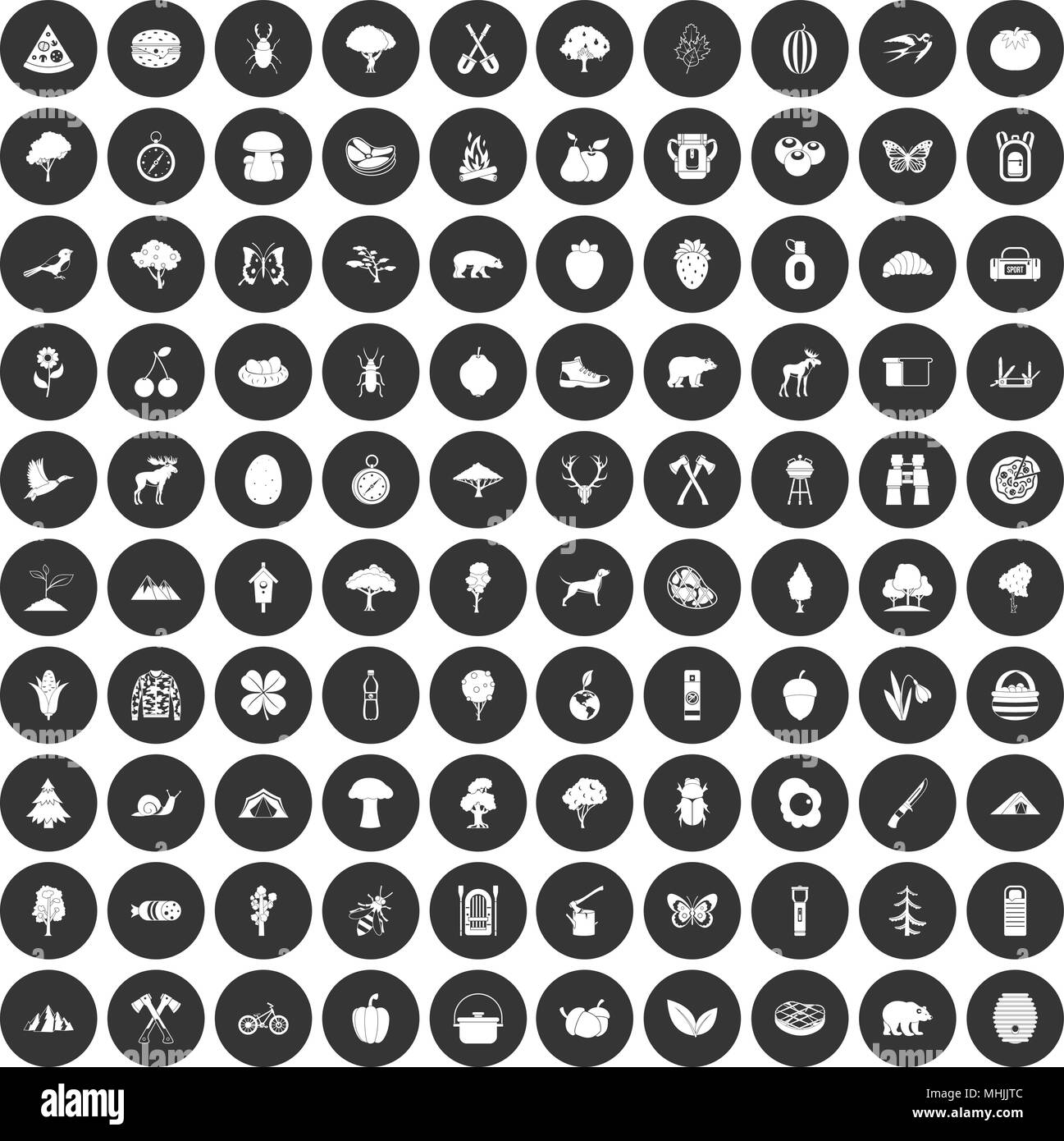 100 camping and nature icons set black circle Stock Vector Image & Art ...