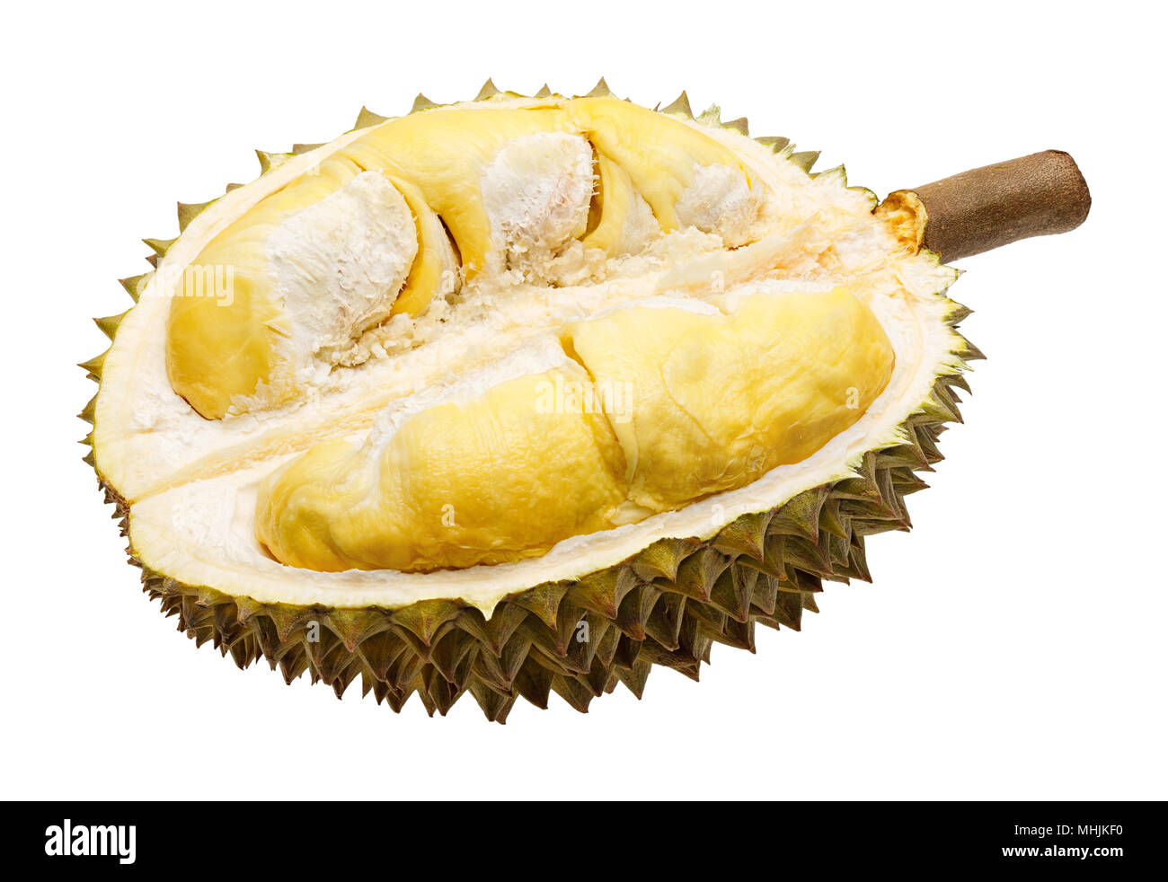 Durian fruit portion isolated on white background Stock Photo - Alamy