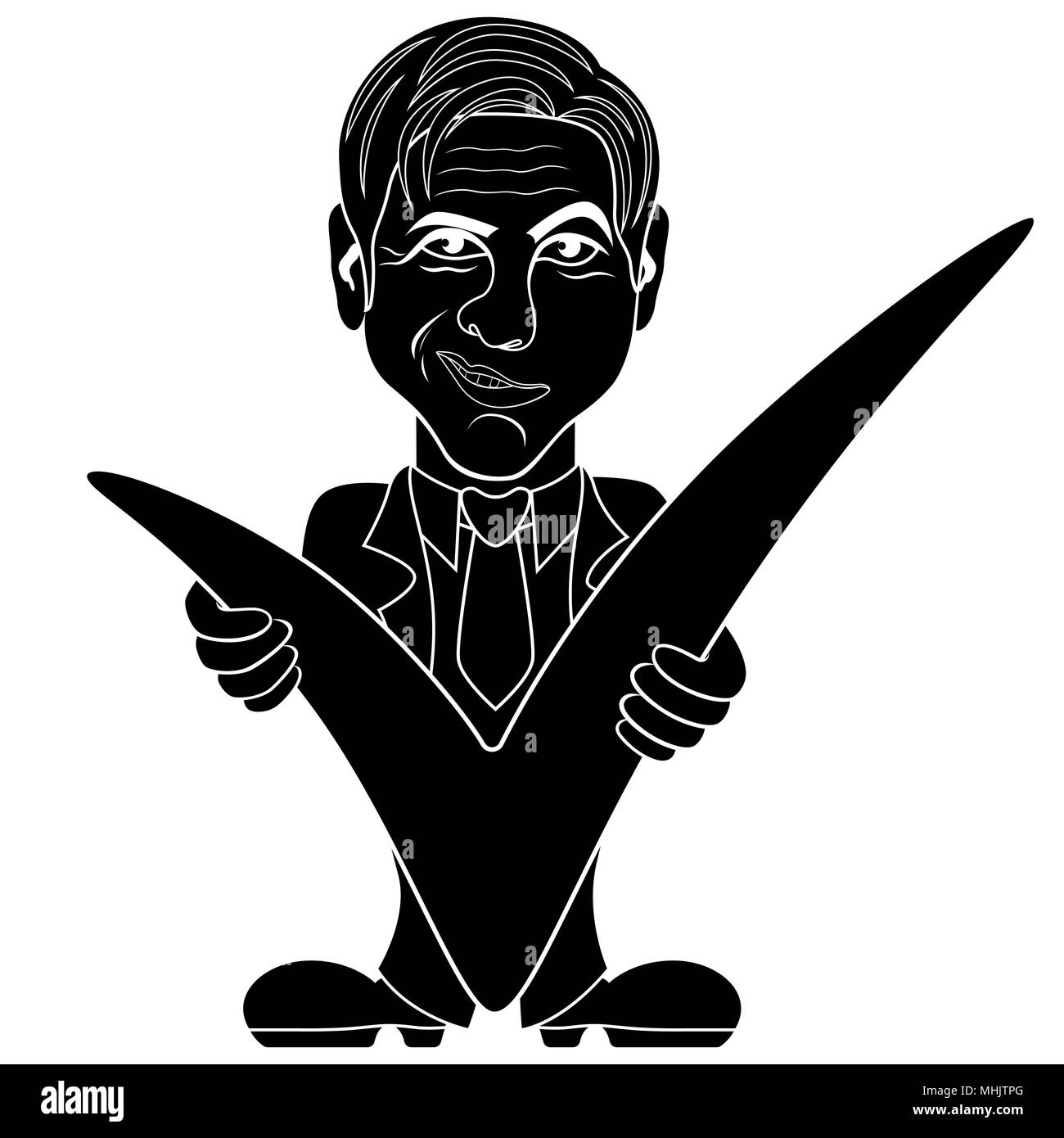 Silhouette manager with a big red checkmark, stencil vector cartoon ...