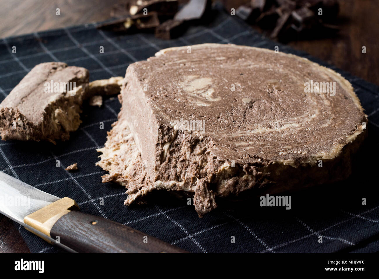 Turkish Chocolate Halva or Helva with Knife and Chocolate Pieces ...