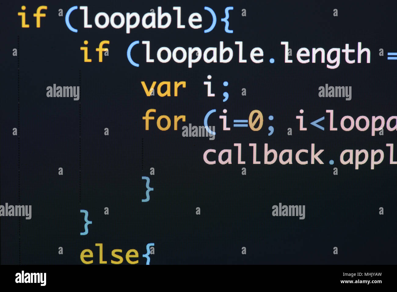 Real Java Script code developing screen. Programing workflow abstract algorithm concept. Closeup ...