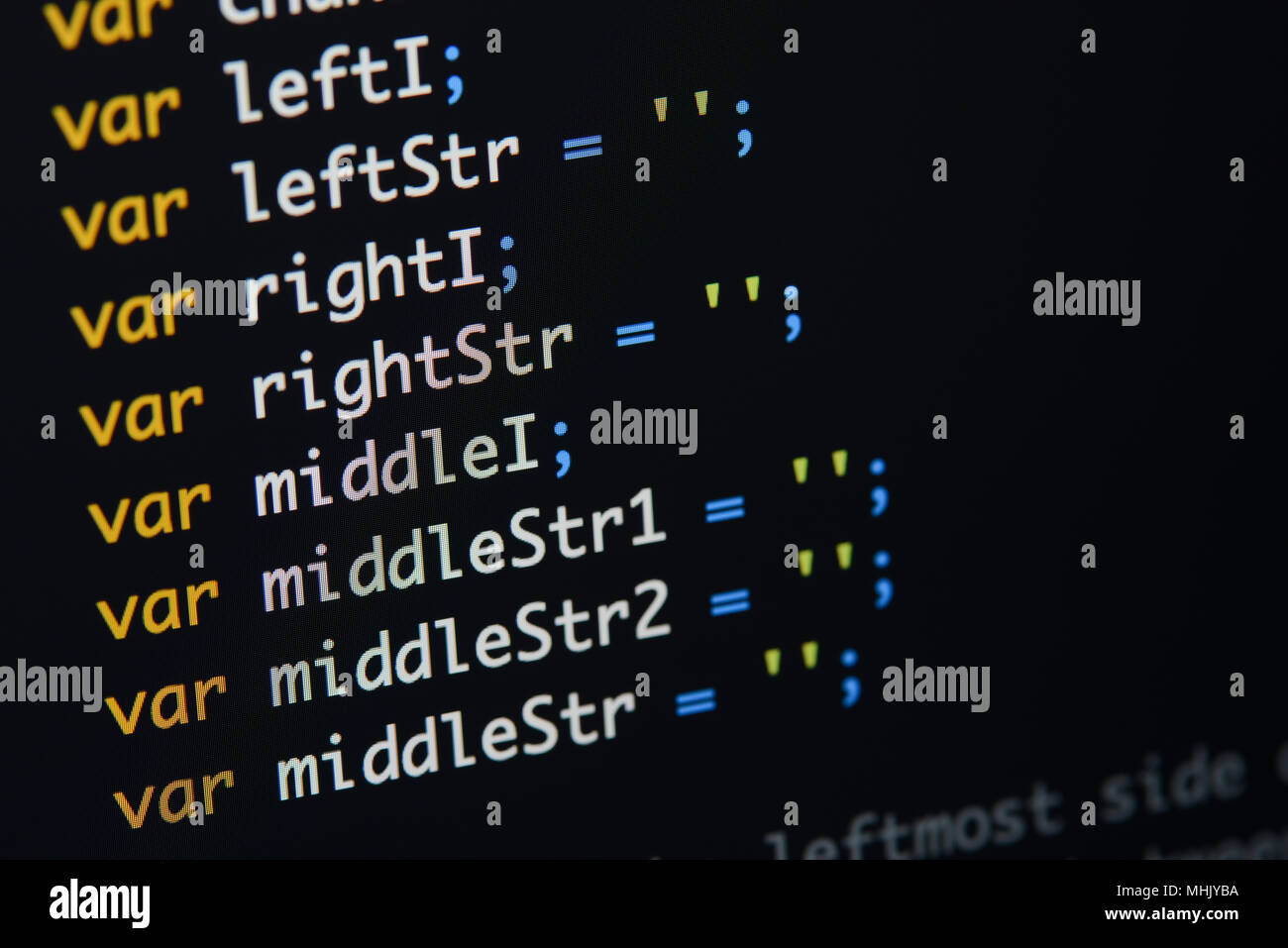 Real Java Script code developing screen. Programing workflow abstract algorithm concept. Closeup ...