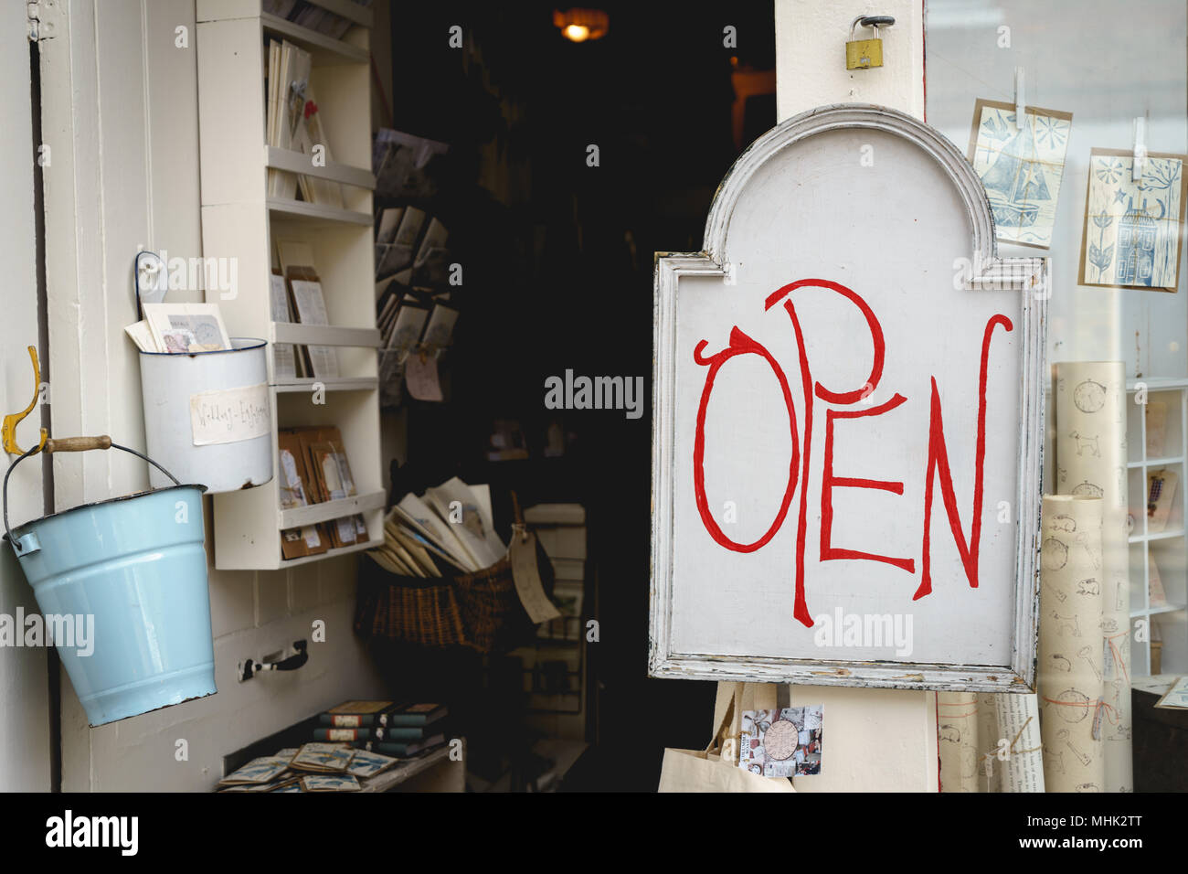 London (UK), September 2017. Open sign in a vintage objects shop in ...