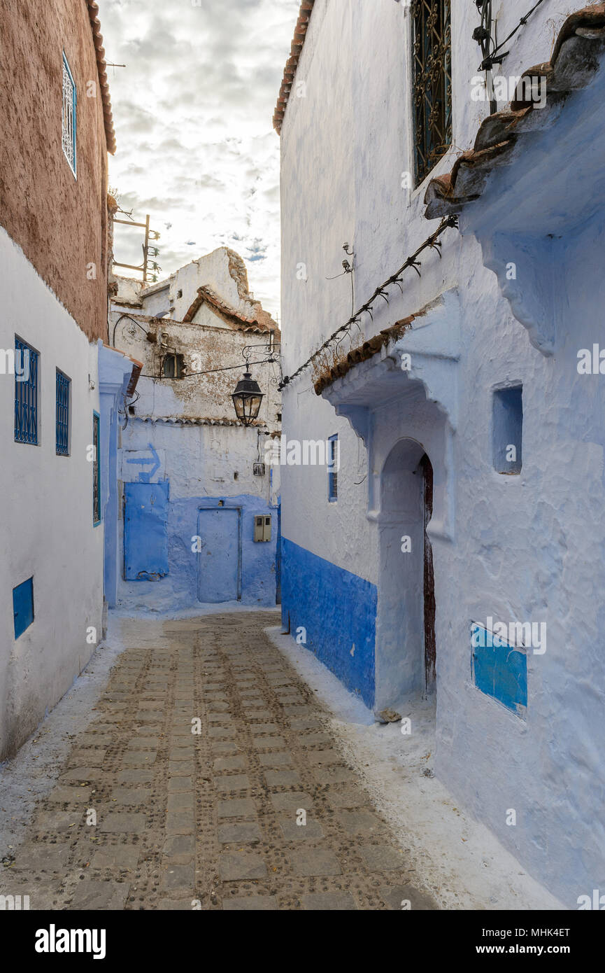 Blue painted walls of the houses in Chefchaouen, small town in ...