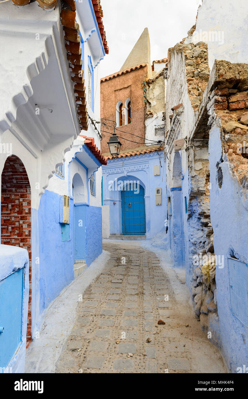 Blue painted walls of the houses in Chefchaouen, small town in ...