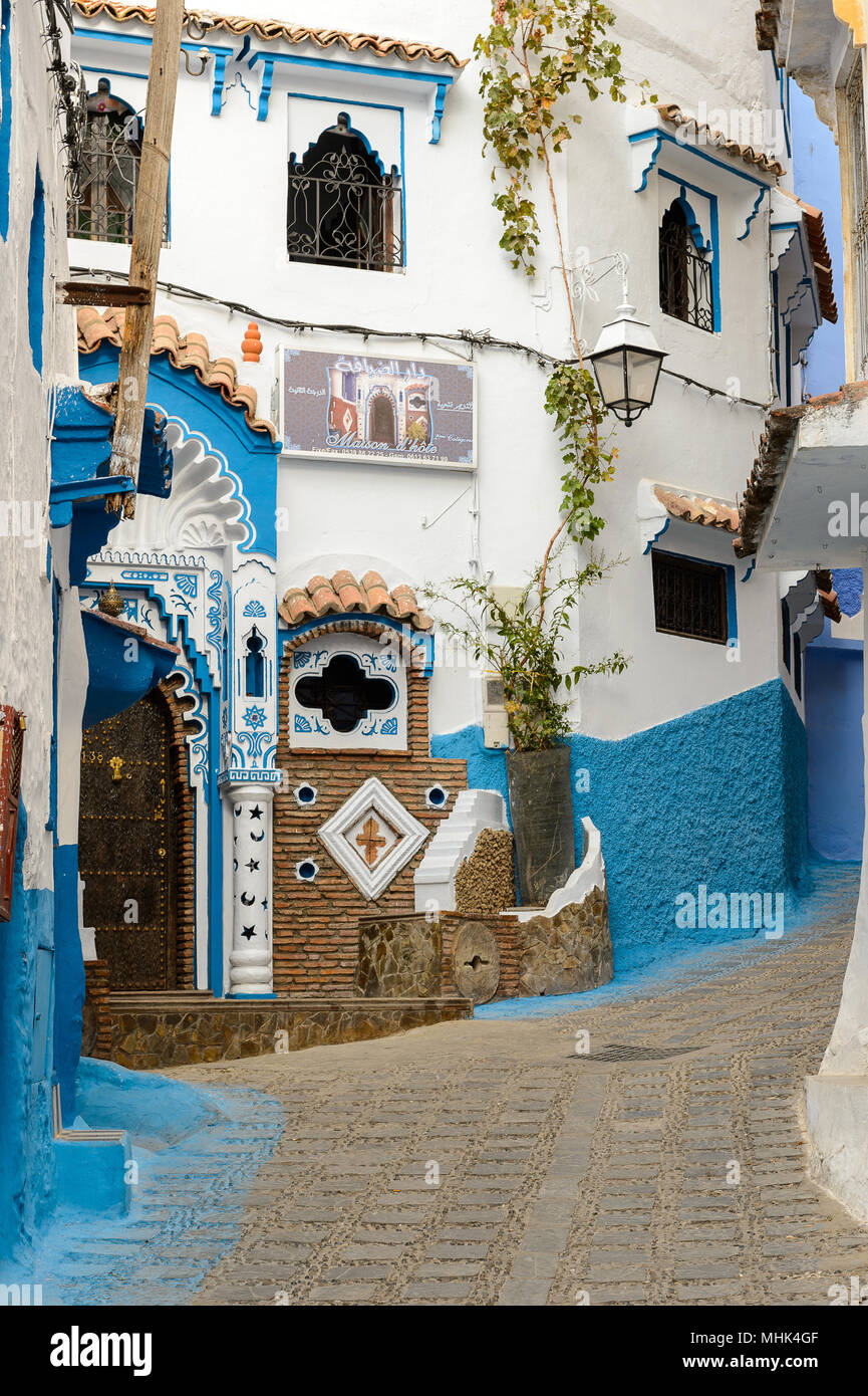 Blue painted walls of the houses in Chefchaouen, small town in ...