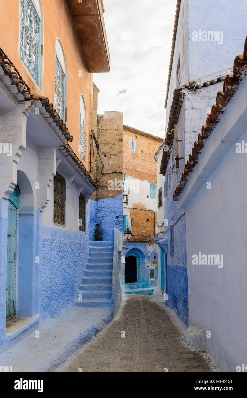 Blue painted walls of the houses in Chefchaouen, small town in ...