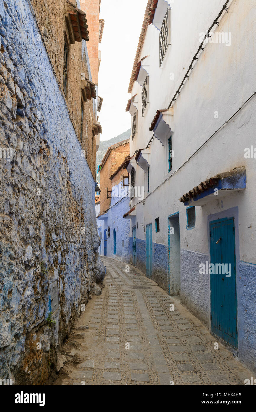 Blue painted walls of the houses in Chefchaouen, small town in ...