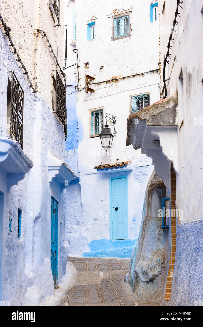 Blue painted walls of the houses in Chefchaouen, small town in ...